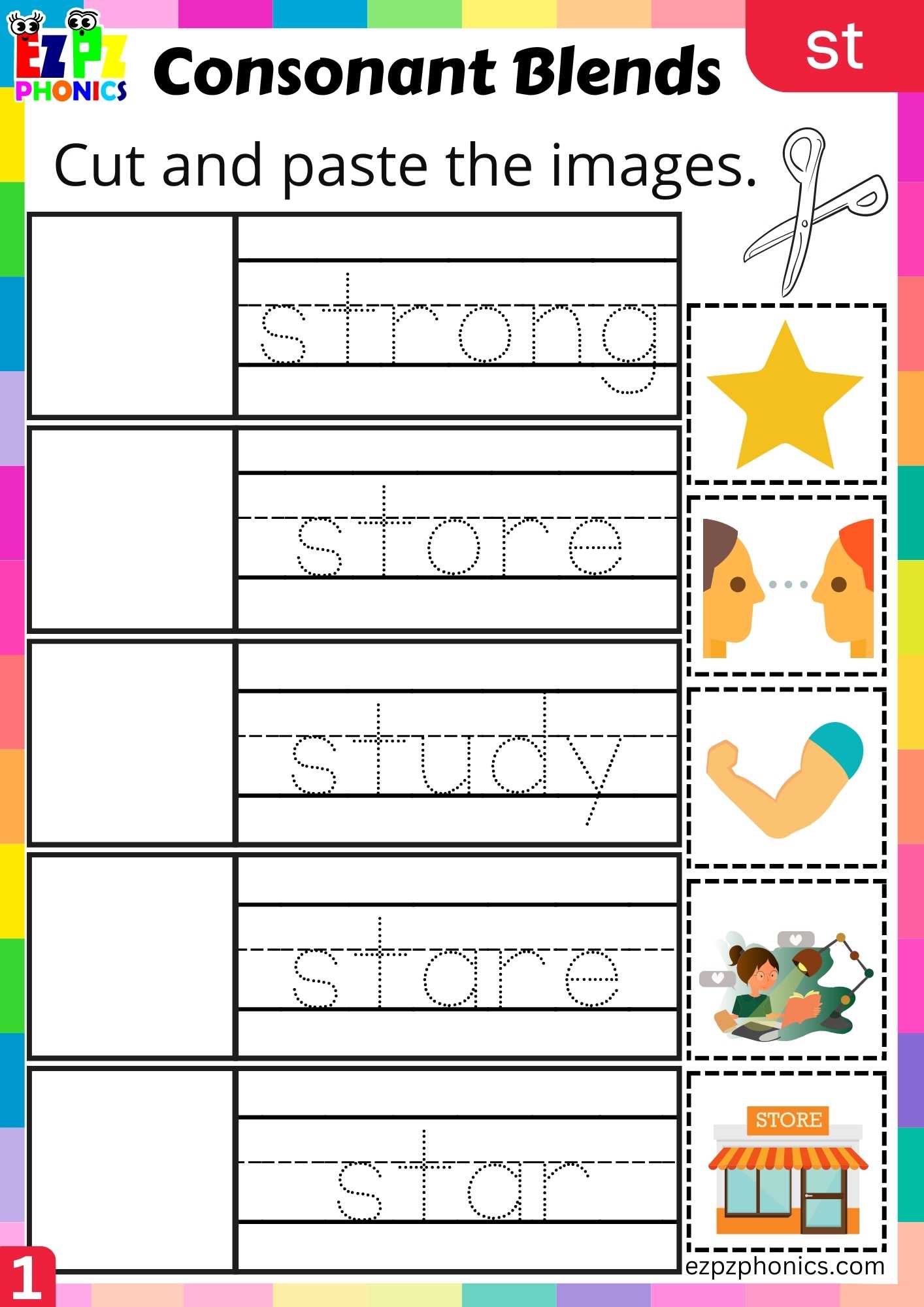 Group1 ST Words Cut And Paste The Images Phonics Consonant Blends Worksheet - ezpzphonics.com